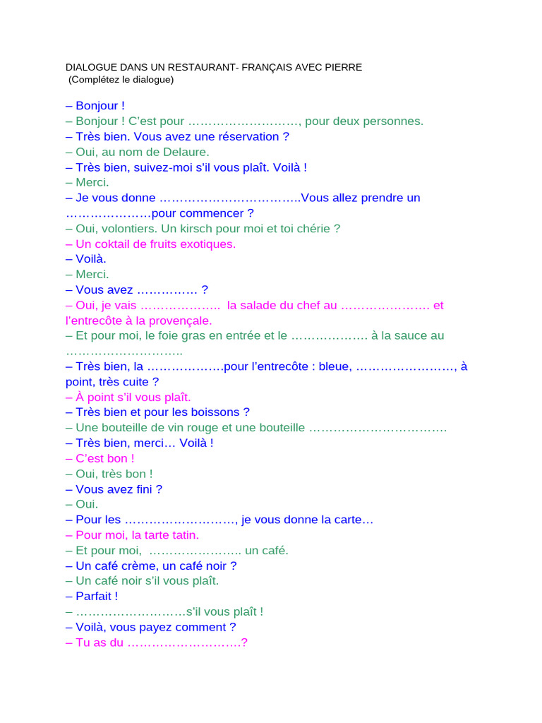 Dialogue au restaurant en français | PDF