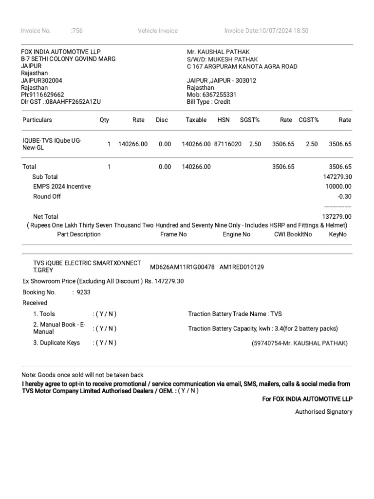 Tvs Iqube Invoice. | PDF | Sustainable Transport | Motor Vehicle