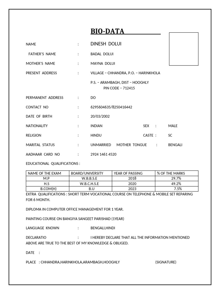 Bio Data Dinesh Dolui NEW | PDF | Wellness