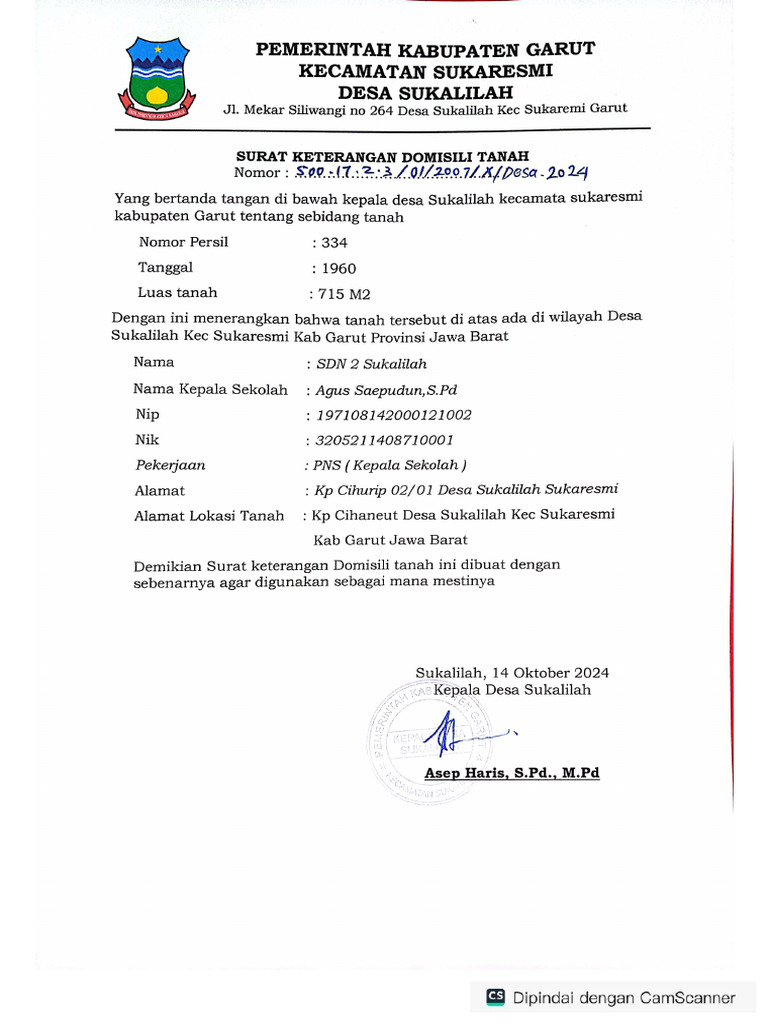 Surat Domisili Tanah SDN 2 Sukalilah Kec Sukaresmi | PDF