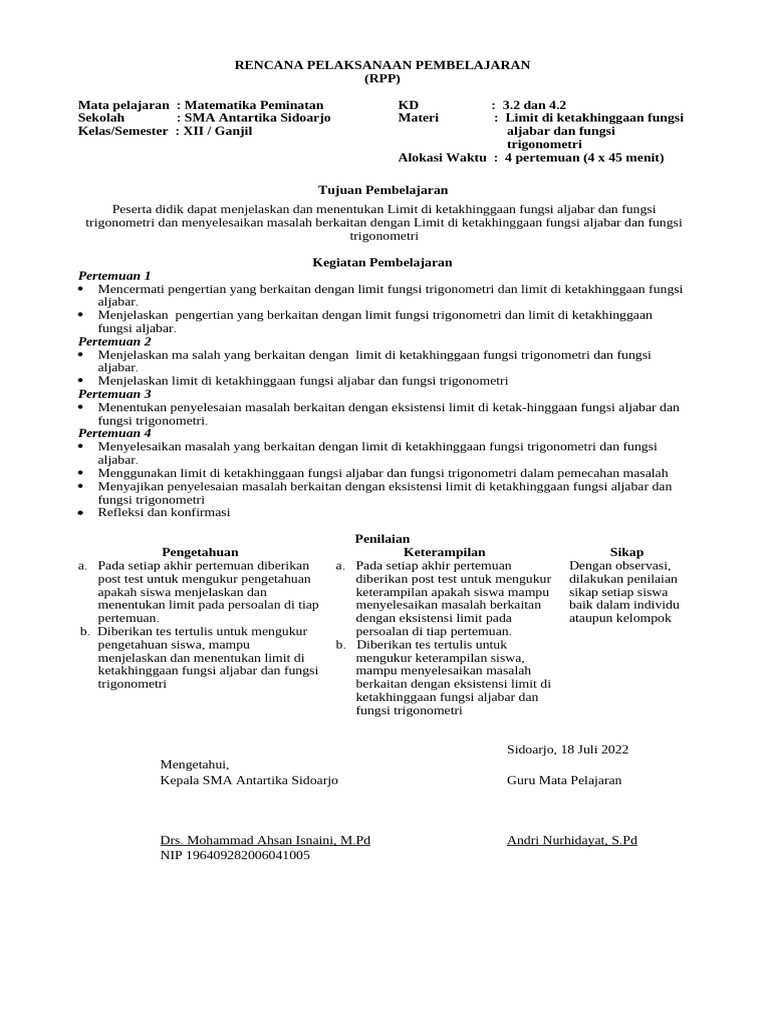 RPP Limit Di Ketakhinggaan Fungsi Aljabar Dan Fungsi Trigonometri | PDF ...