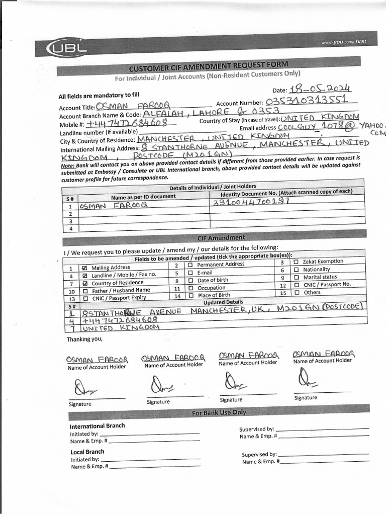 Customer CIF Amendment Request Form A1 | PDF