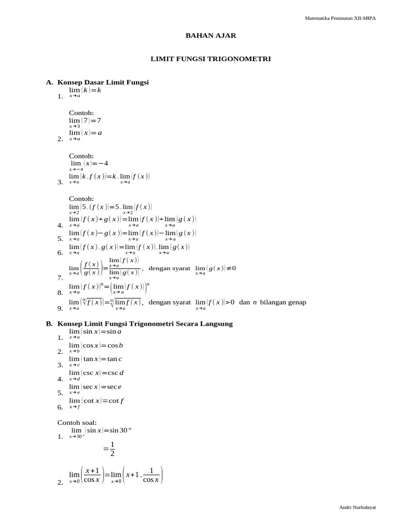 11 Bahan Ajar Limit Fungsi Trigonometri | PDF | Metode & Bahan Ajar
