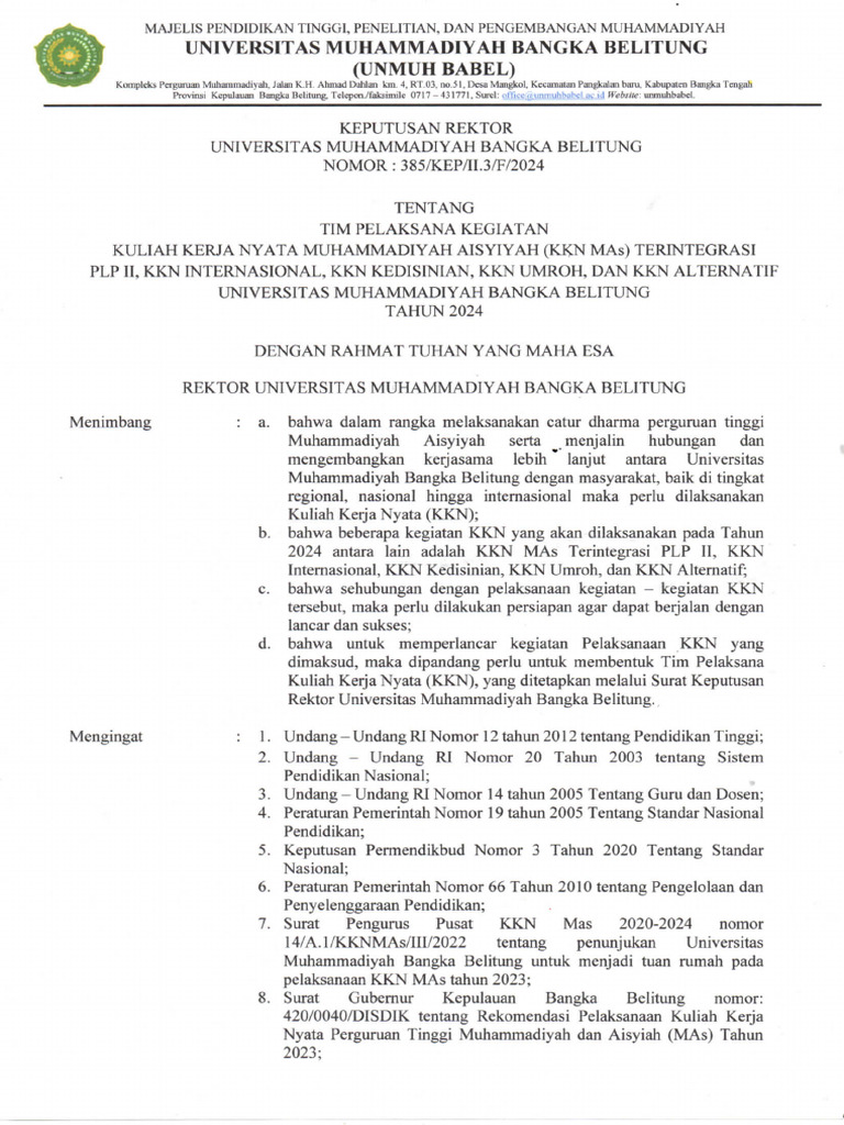 385 - SK Tim KKN MAs Terintegrasi PLP II. KKN Internasional, KKN Kedisinian Dan KKN Alternatif ...