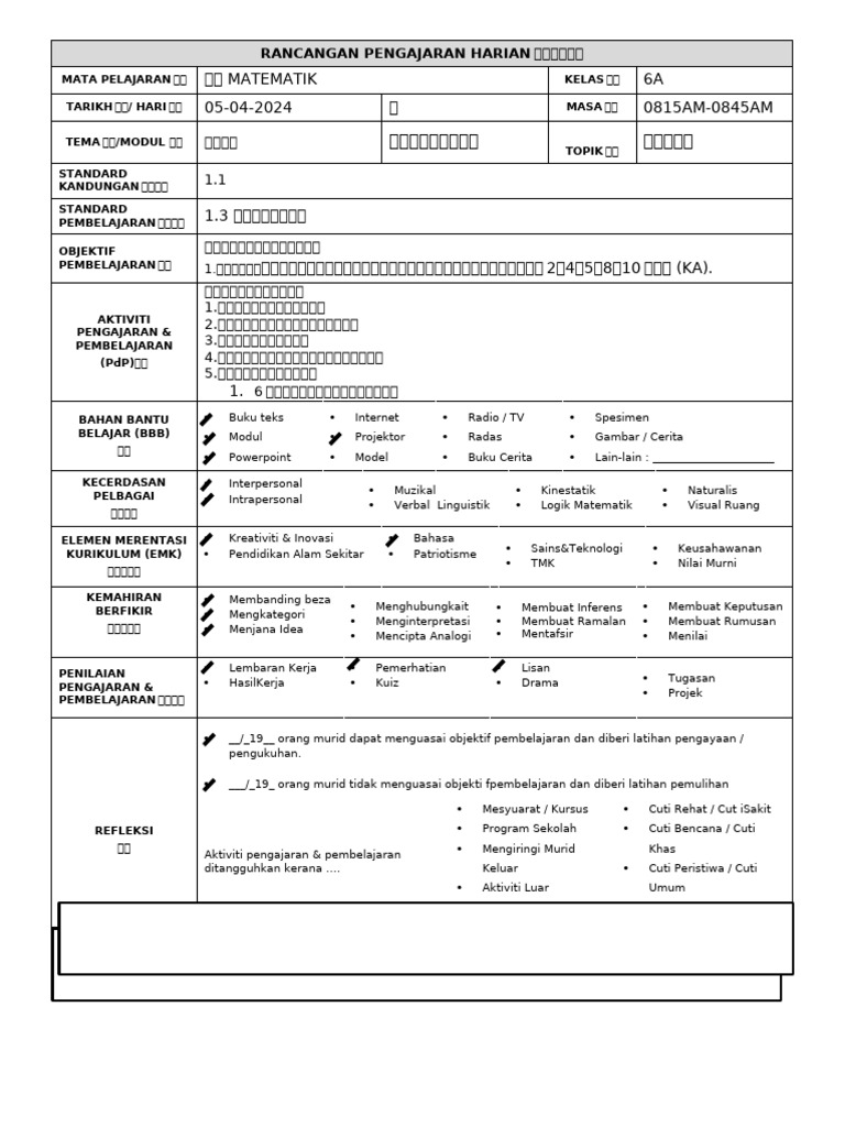 RPH Rancangan Pengajaran Harian JUMAAT MT 6A | PDF