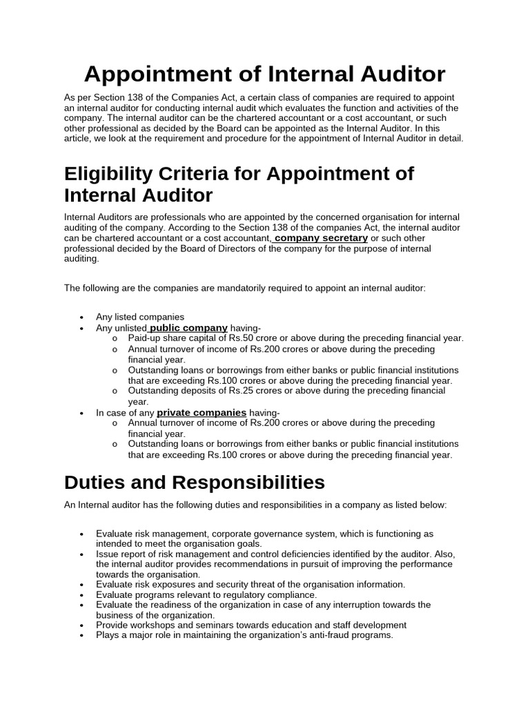 Internal Auditor Appointment Process | PDF | Internal Audit | Audit