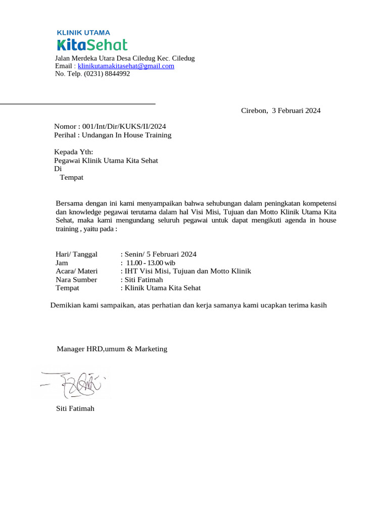 Undangan In House Training Klinik Sehat | PDF
