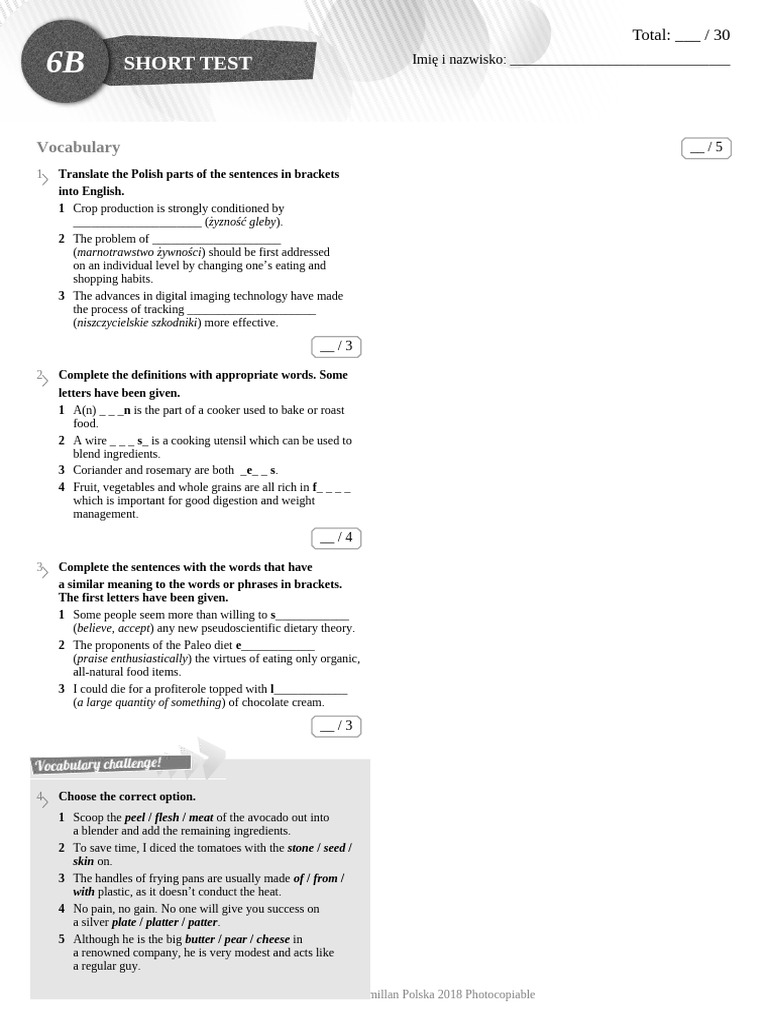 Password Reset C1 - C2 Short Test 6B | PDF | Foods | Cuisine