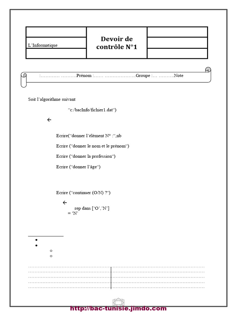 Devoir de Contrôle N°1 - Algorithmique - 4ème SI (2009-2010) 3 | PDF