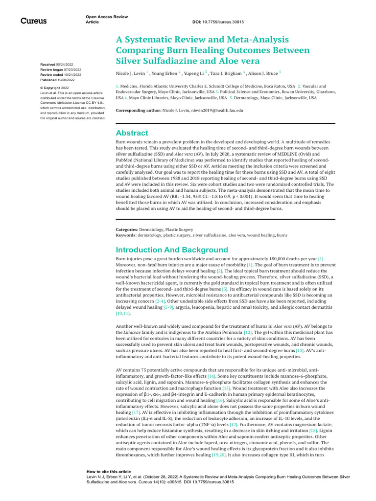 A Systematic Review and Meta Analysis Comparing Burn Healing Outcomes Between Silver ...