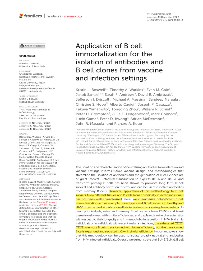 Application of B Cell Immortalization For The Isolation of Antibodies ...