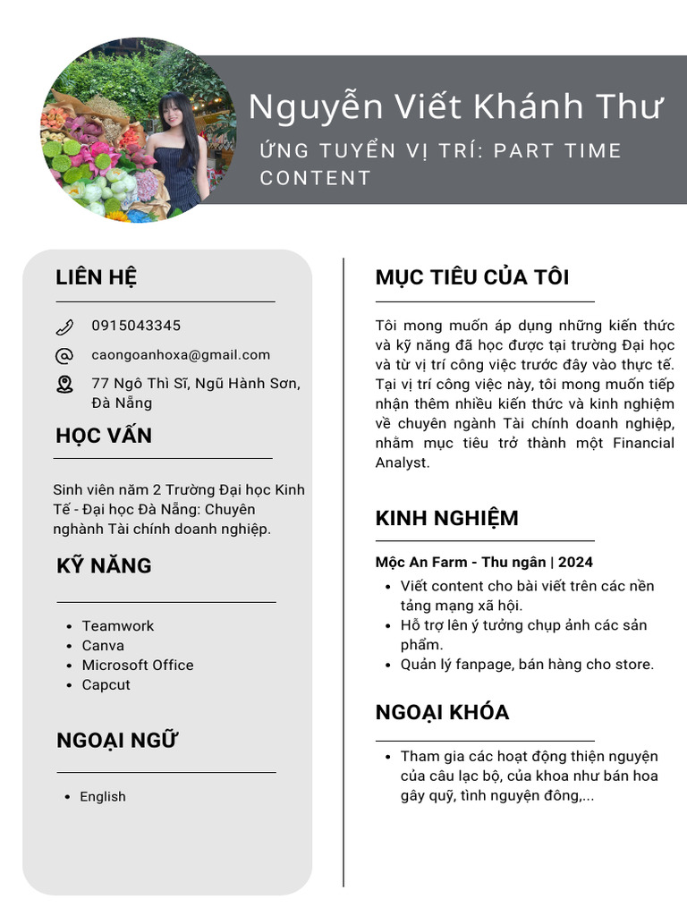 Nguyễn Viết Khánh Thư Ứng tuyển vị trí Content part time | PDF