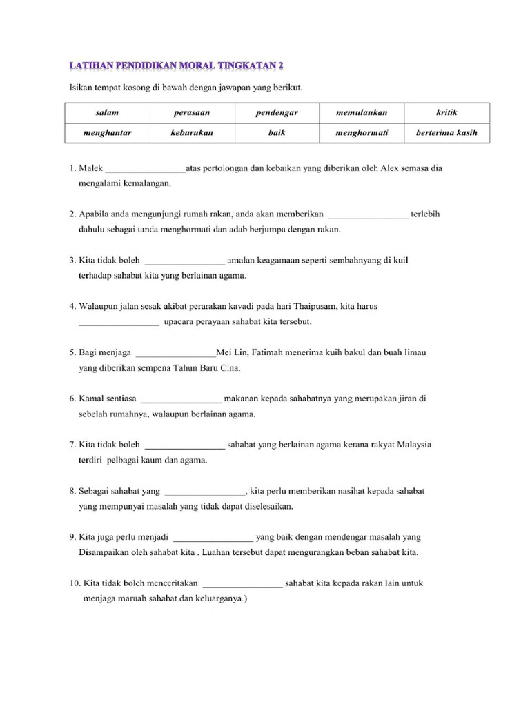 Latih Tubi Pendidikan Moral Ting 2 | PDF