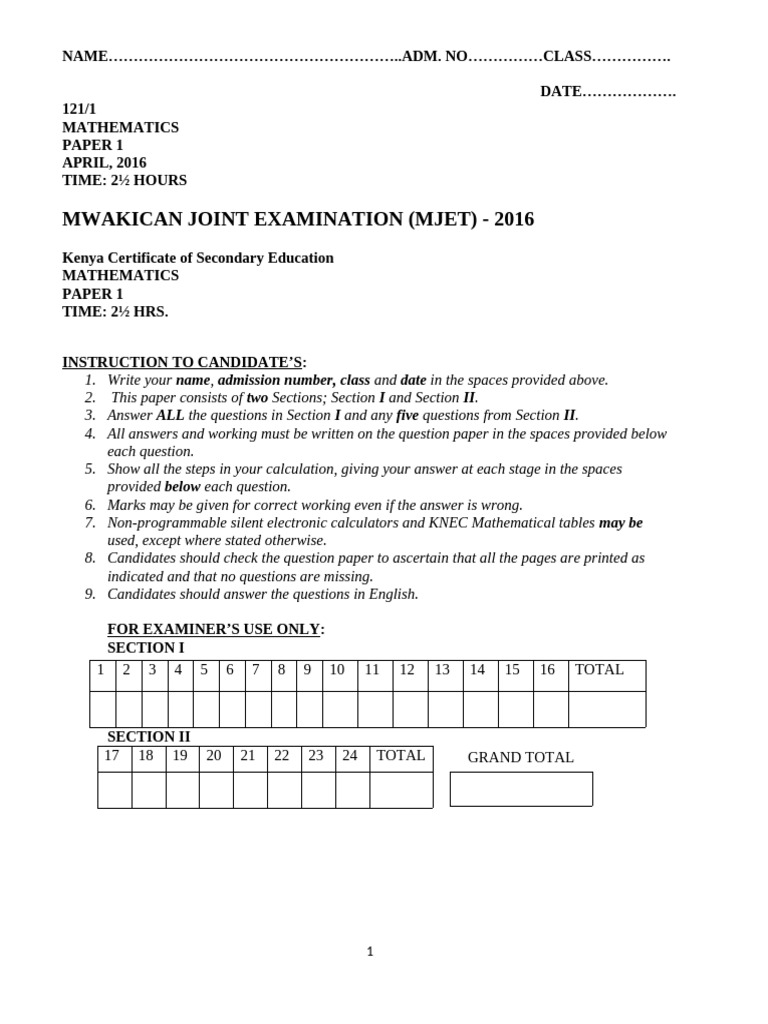 Cs1-782021-Mathematics Form 4 Paper 1 | PDF