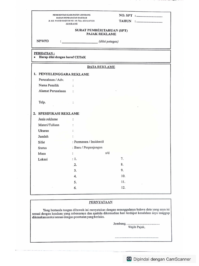 SPTPD Pajak Reklame | PDF