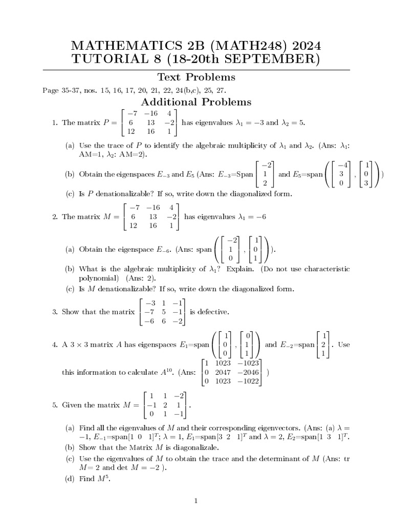 Tutorial 8 | PDF | Eigenvalues And Eigenvectors | Algebra Tutorial 8 | PDF | Eigenvalues And Eigenvectors | Algebra