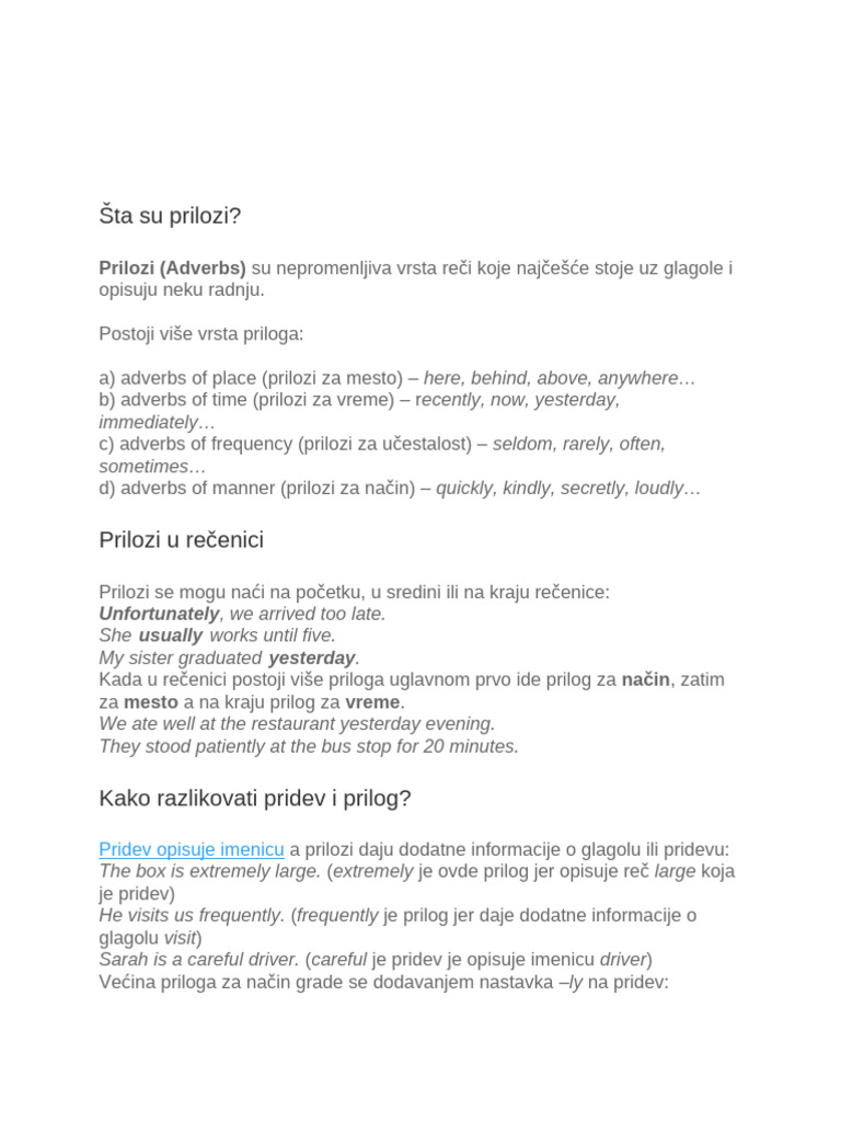 Prilozi I Pridjevi Engleski | PDF