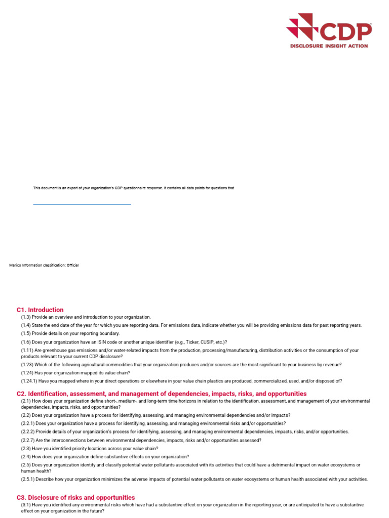 Https Sustainability - Marico.com Uploads 1728300081275 Marico S Fy24 CDP Responses PDF | PDF