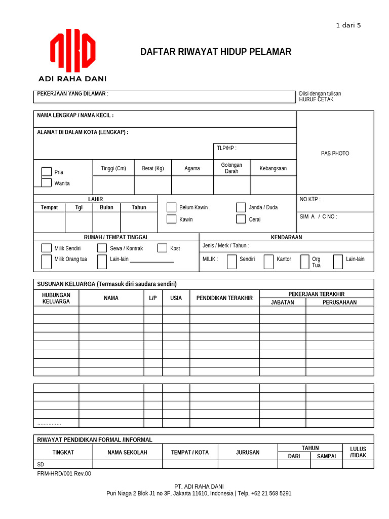 Form HRD-001 Riwayat Hidup Pelamar | PDF
