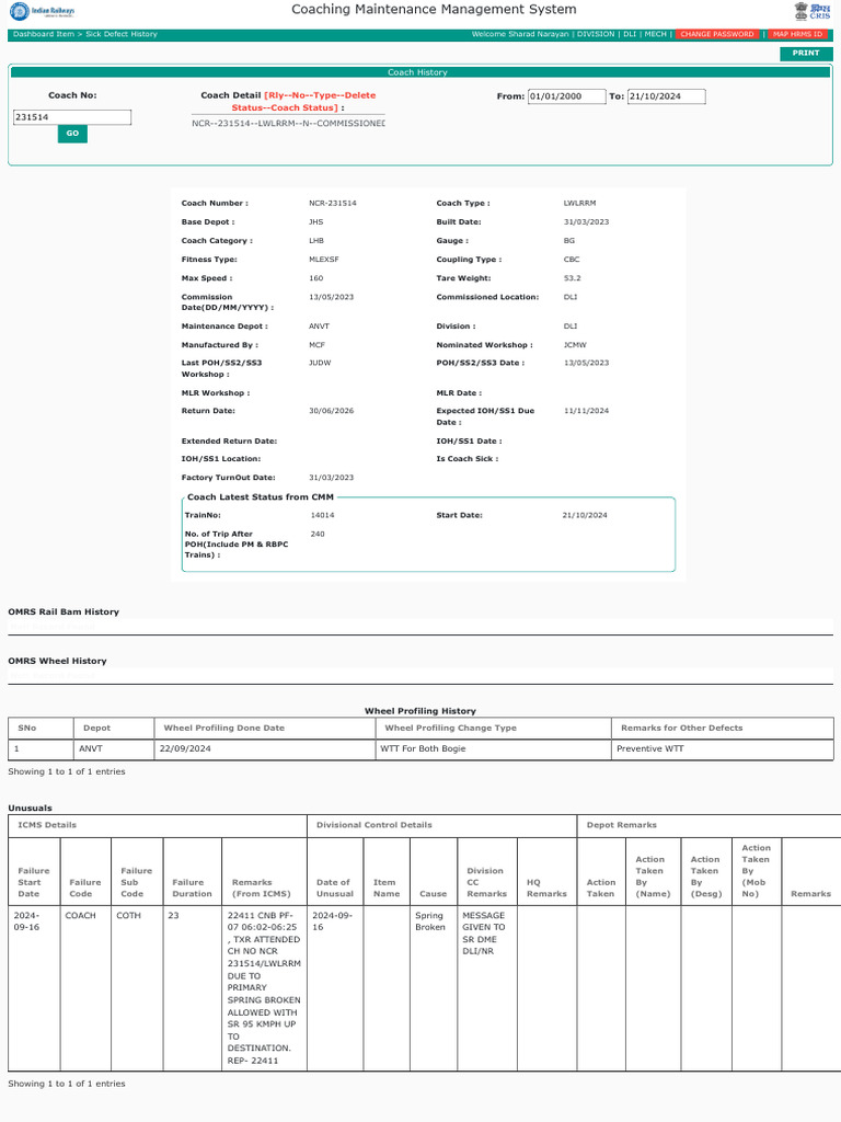 CMM Coach Defect History 231514 NC LWLRRM | PDF | Rolling Stock | Rail ...