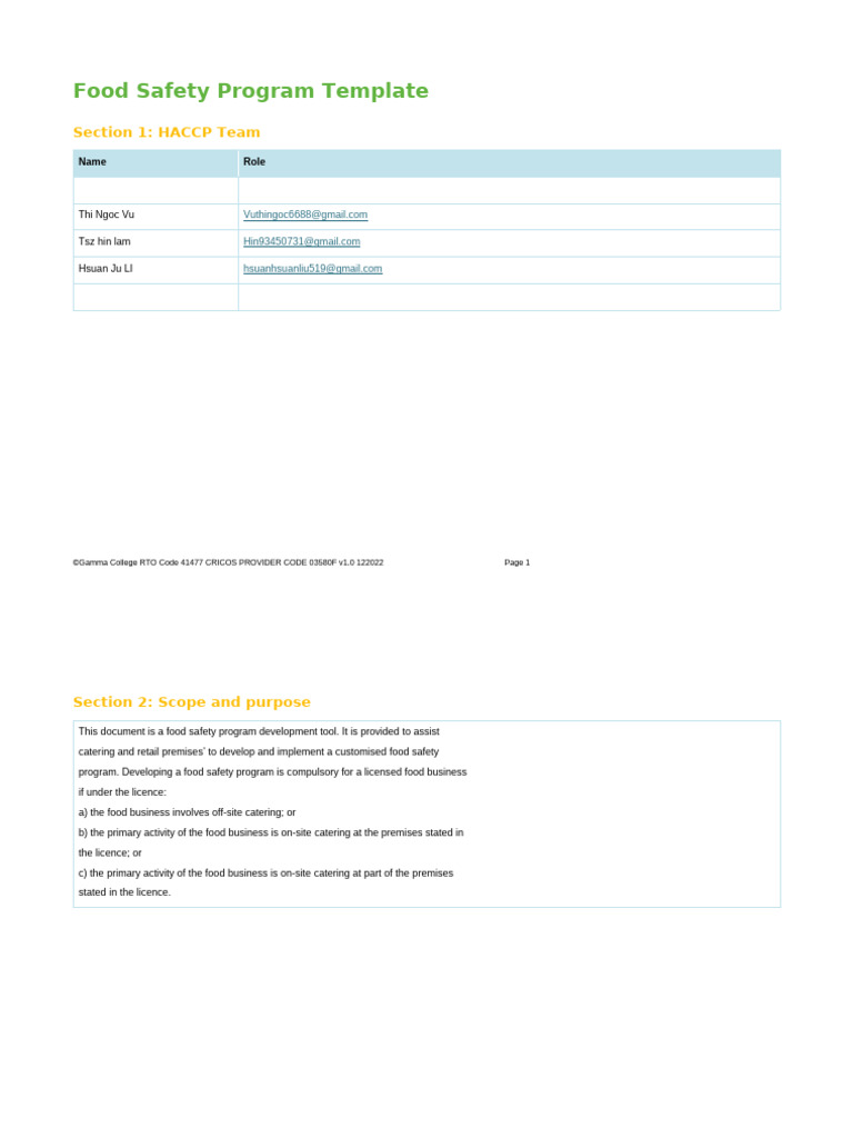 1.SITXFSA008 Food Safety Program Template.v1.0 | PDF | Hygiene ...