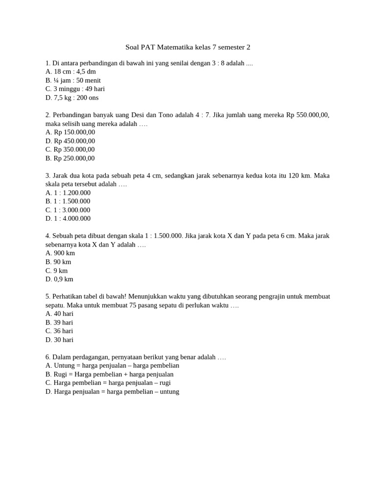 Soal PAT Matematika Kelas 7 Semester 2 | PDF