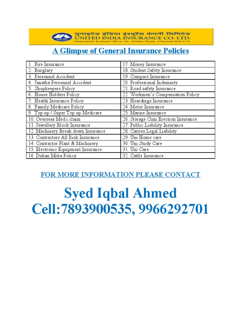 United India Insurance Policy List | PDF