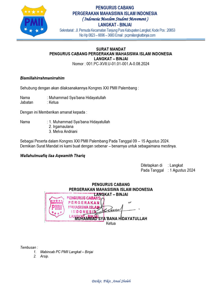 Surat Mandat PC PMII Langkat - Binjai | PDF