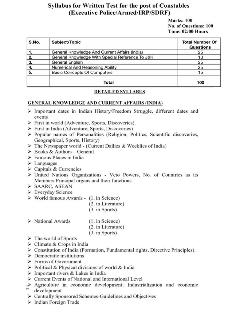 JKP Constable Syllabus | PDF