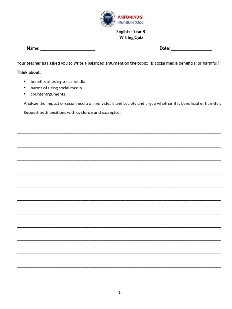 English Y8 Writing Quiz Term 3 | PDF