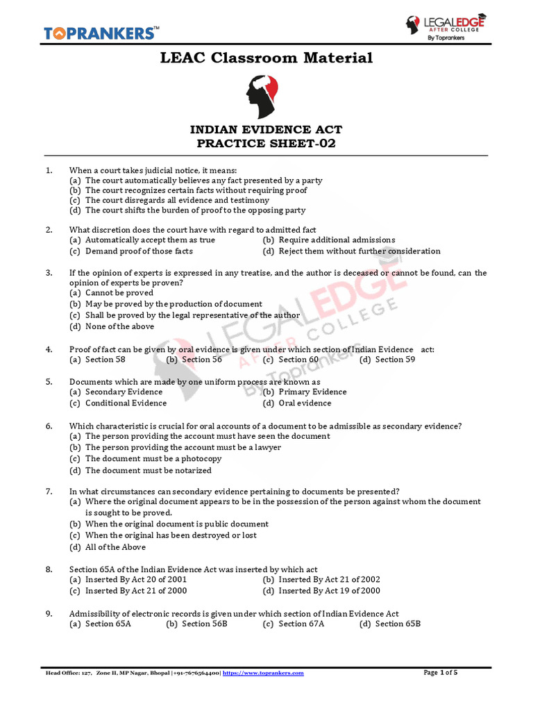 Indian Evidence Act Practice Sheet 2 Questions5586783 | PDF | Evidence ...