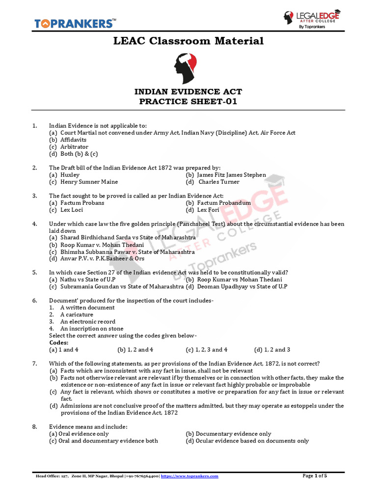 Indian Evidence Act Practice Sheet 1 Questions5586783 | PDF | Evidence (Law) | Confession (Law)