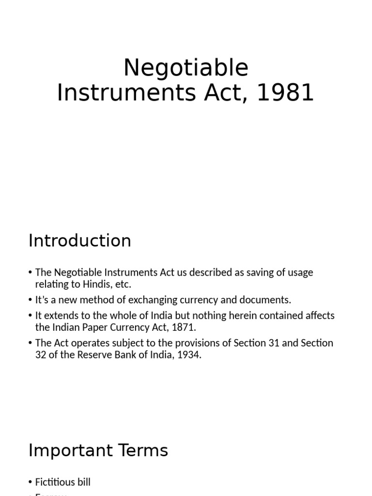 Overview of Negotiable Instruments Act | PDF | Negotiable Instrument | Cheque