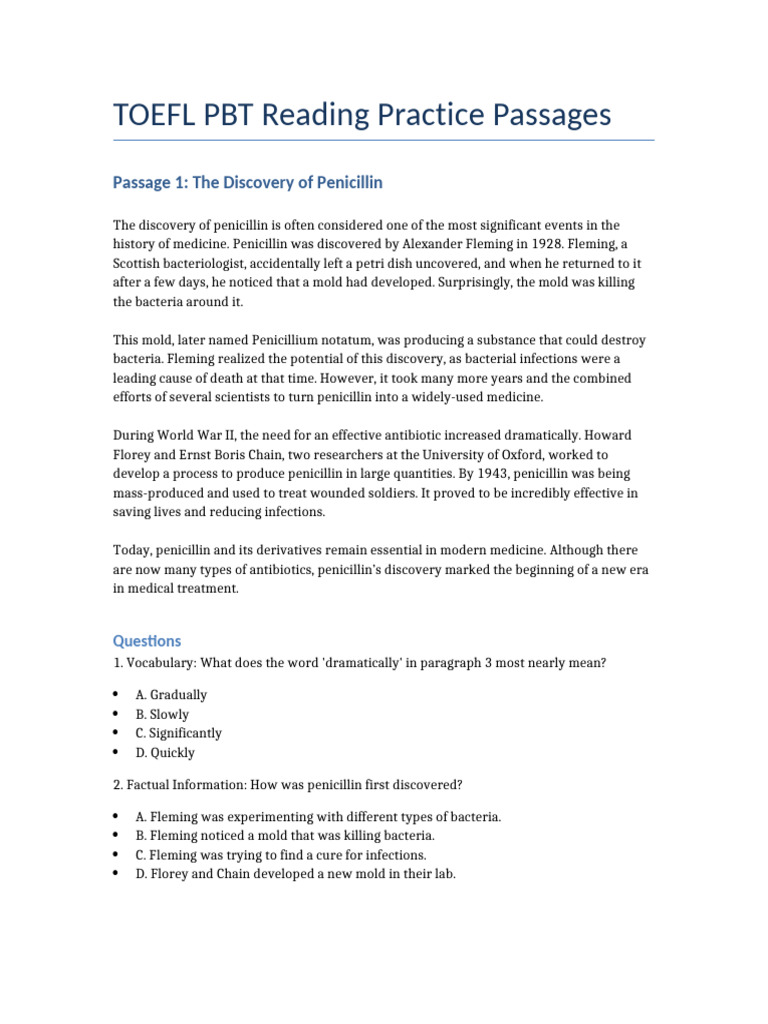TOEFL_PBT_Reading_Practice_Updated | PDF | Renewable Energy | Penicillin