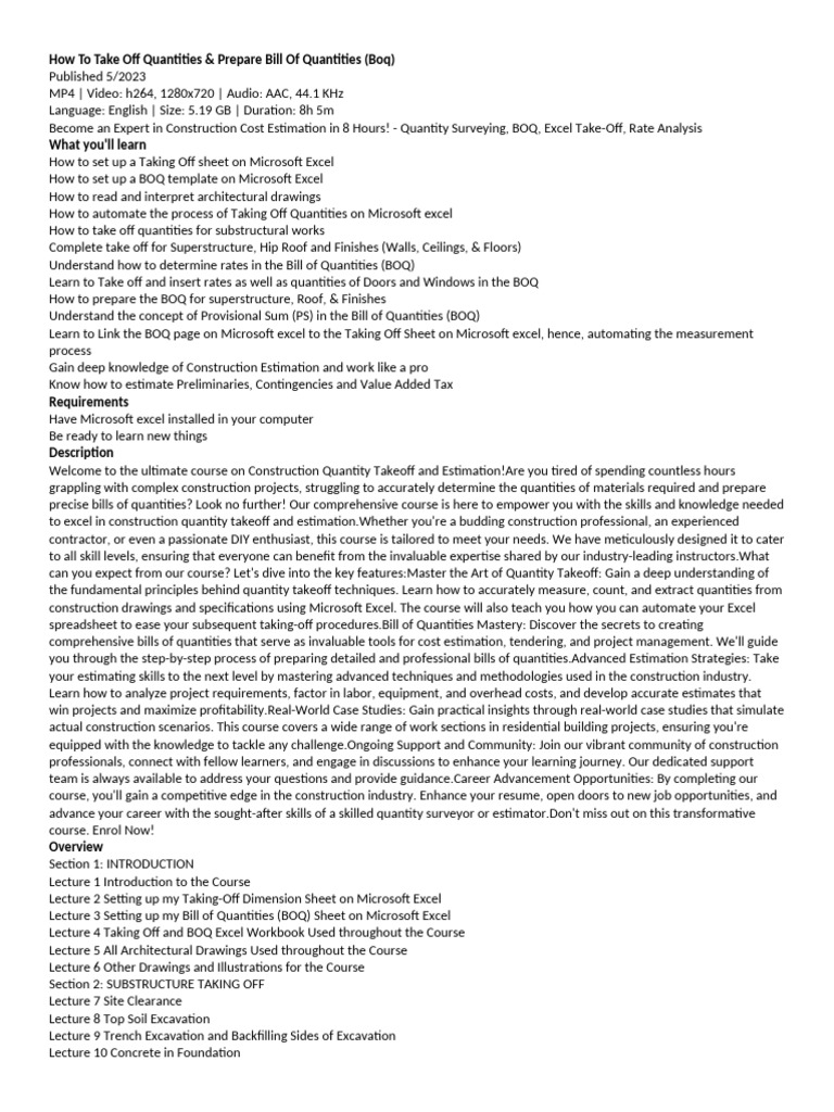 Mastering BOQ Preparation in Construction | PDF | Concrete | Wall