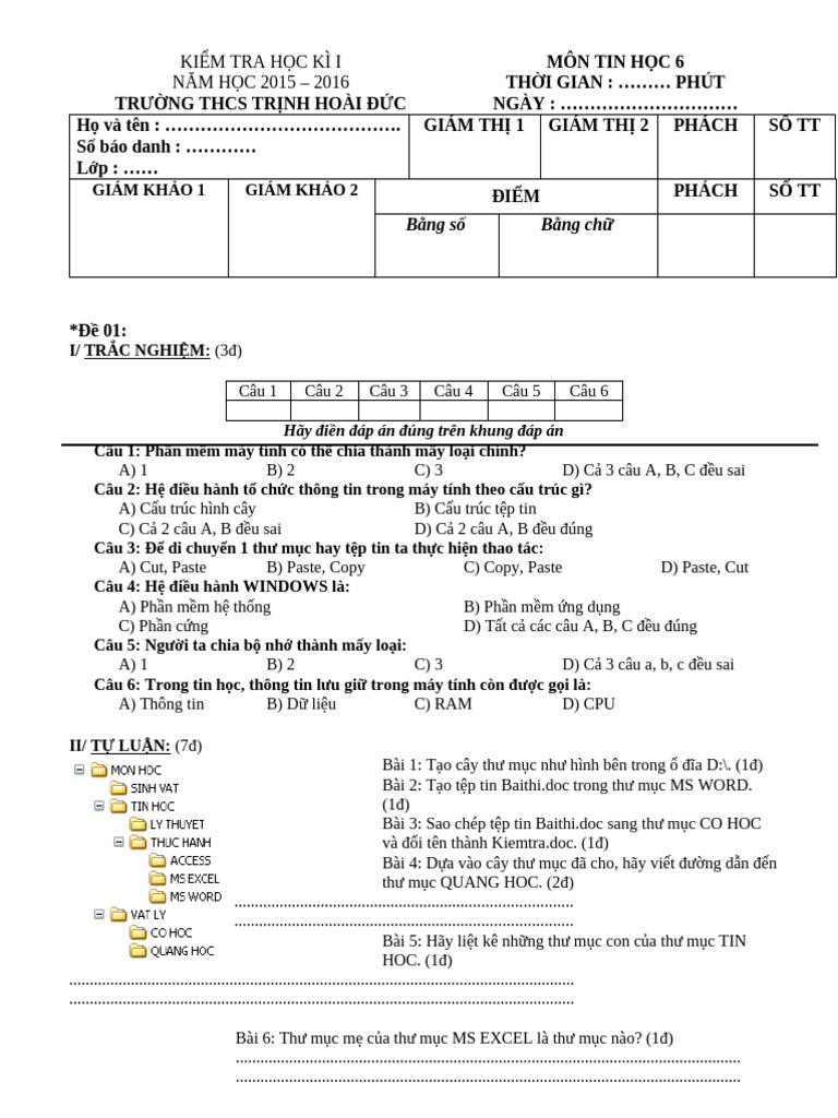 De Thi Tin Hoc 6 hk1 2015 - 2016 | PDF