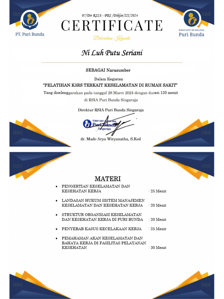 Semua Sertifikat Pelatihan k3rs Terkait Keselamatan Di Rumah Sakit | PDF