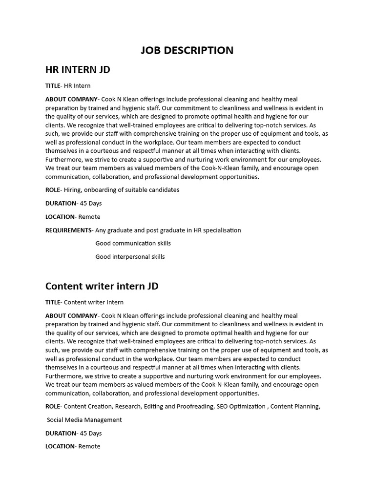 Job Description: HR Intern JD | PDF | Editing | Employment