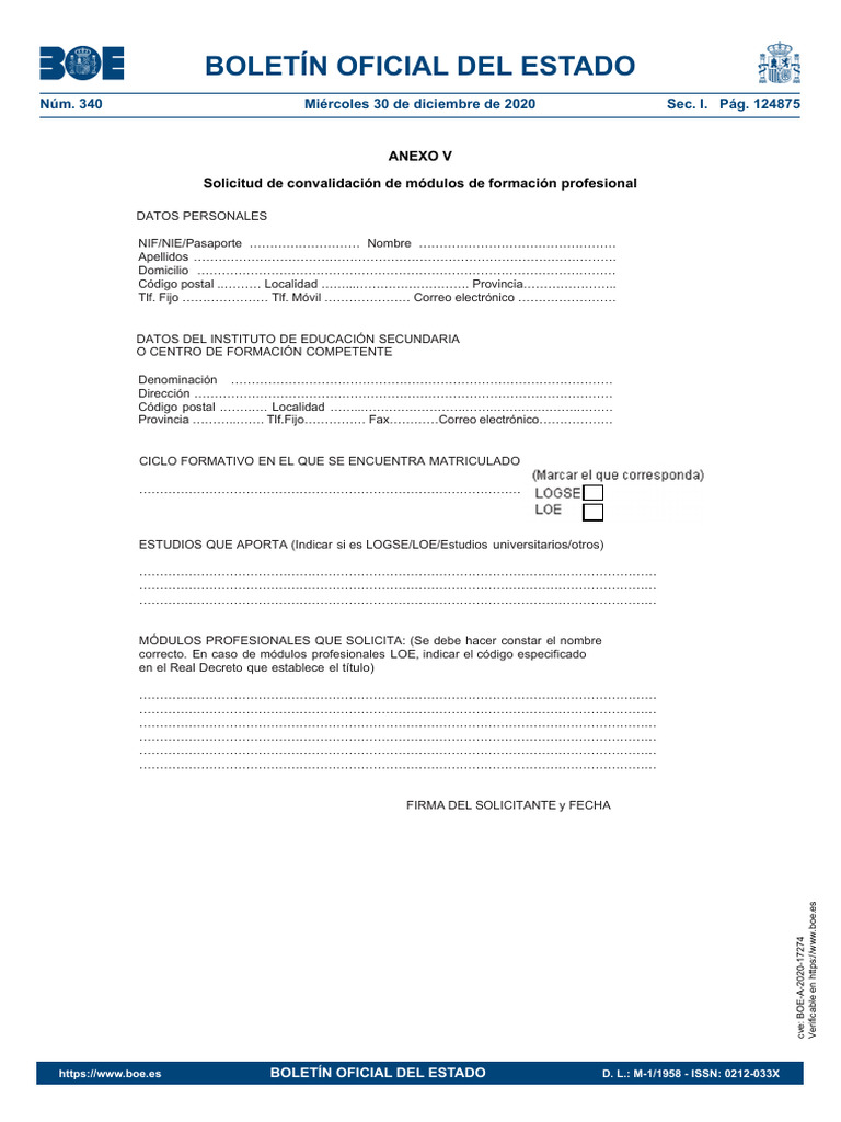 Anexo V Solicitud de Convalidacion Modo Formulario | PDF