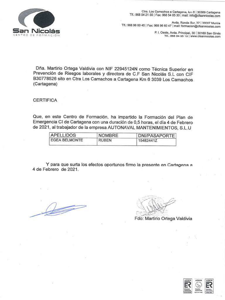 Certificado Plan de Emergencia Ruben Egea Belmonte | PDF