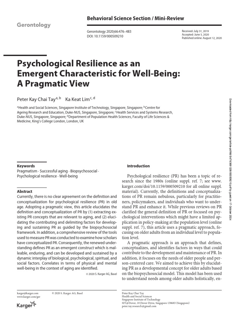 Psychological Resilience As An Emergent Characteristic For Well-Being ...