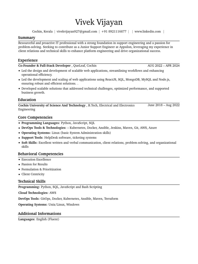 Junior Support Engineer Resume - Vivek Vijayan | PDF