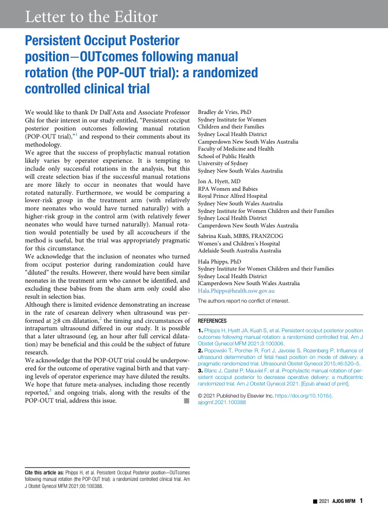 Persistent Occiput Posterior Position Outcomes Following Manual ...