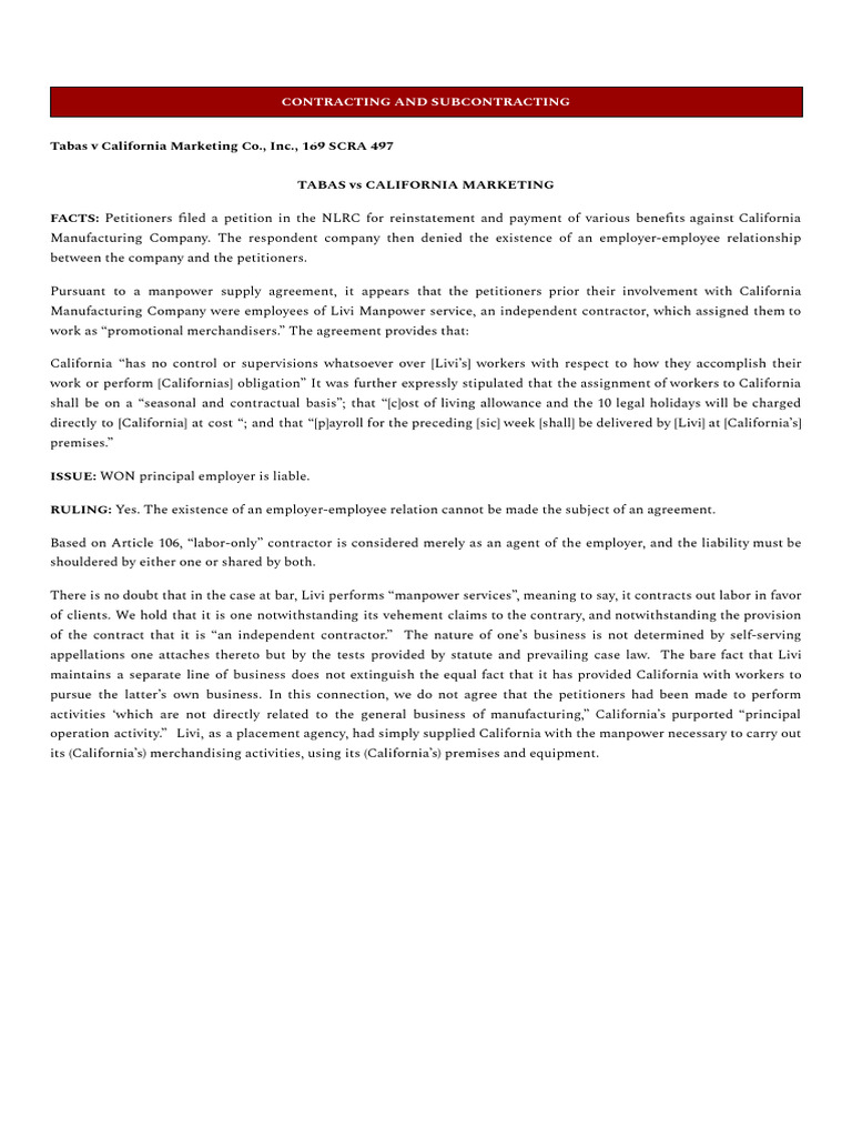 Labor - Contracting and Subcontracting Digests | PDF | Employment ...