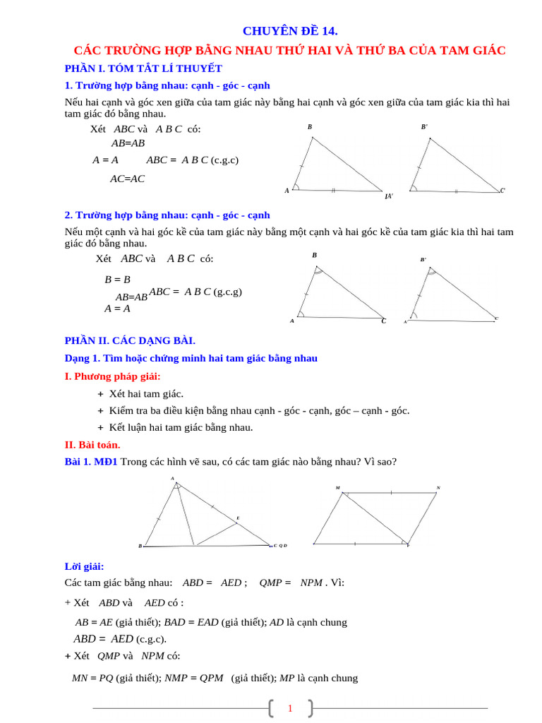 Chuyen de Truong Hop Bang Nhau Thu Hai Va Thu Ba Cua Tam Giac Toan 7 | PDF