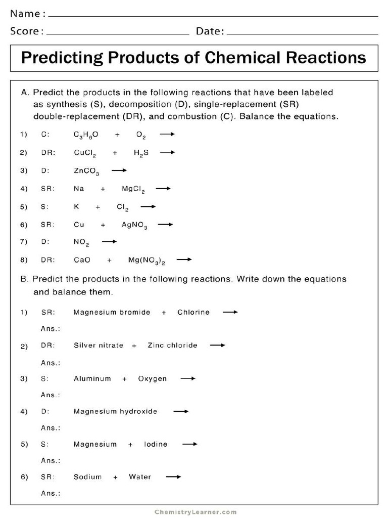 Predicting Products of Chemical Reactions Worksheet | PDF
