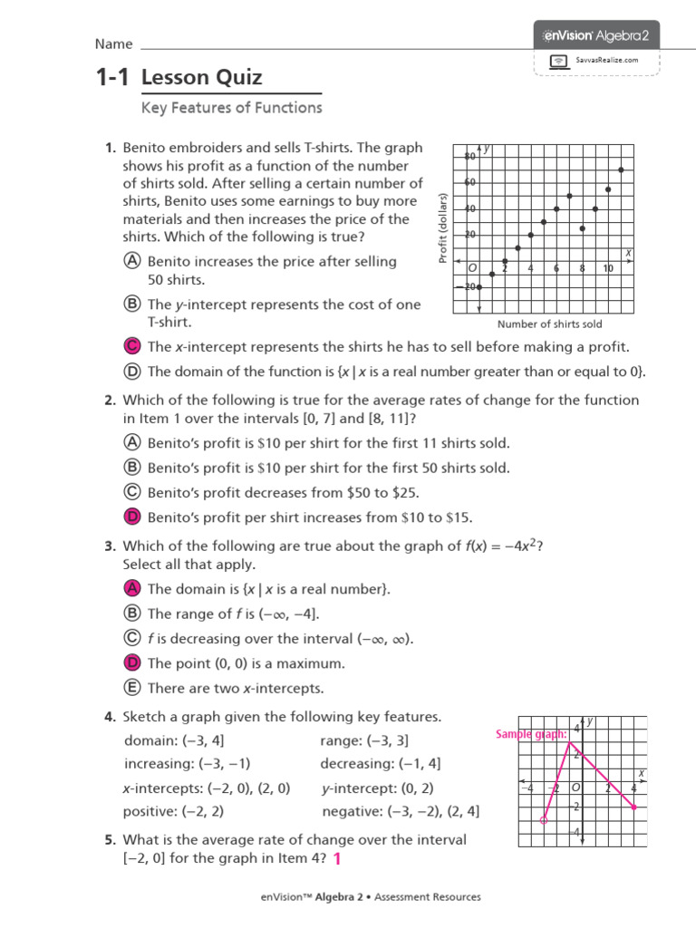 1-1 - Lesson Quiz - Answer Key | PDF | Function (Mathematics) | Prices