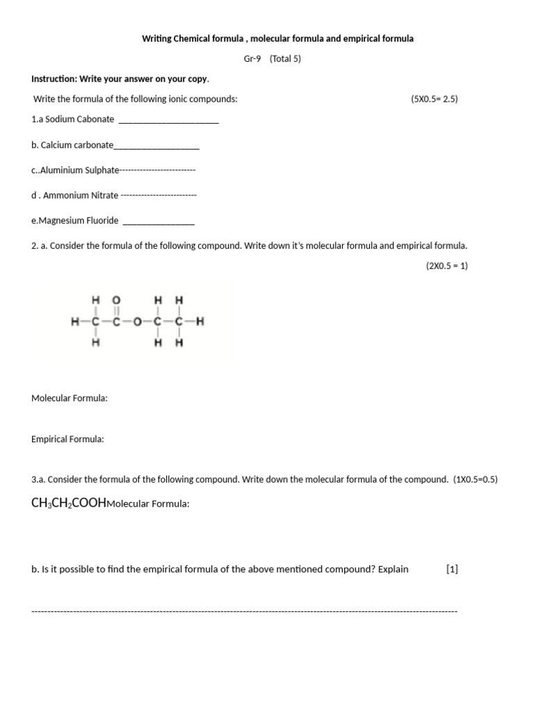 HW On Writing Chemical Formula, Molecular and Empirical Formulae | PDF ...