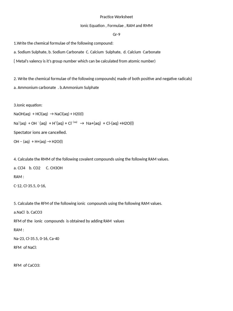 Ws On Ionic Equation, Formula, RAM, RMM | PDF | Science & Mathematics ...