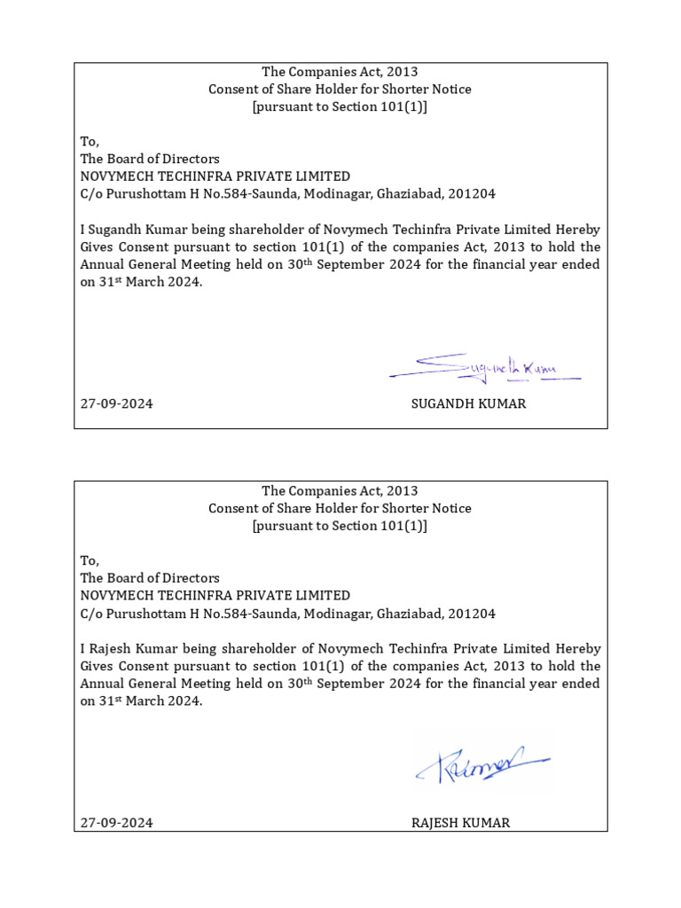 Shorter Notice Consent for AGM | PDF | Finance & Money Management ...